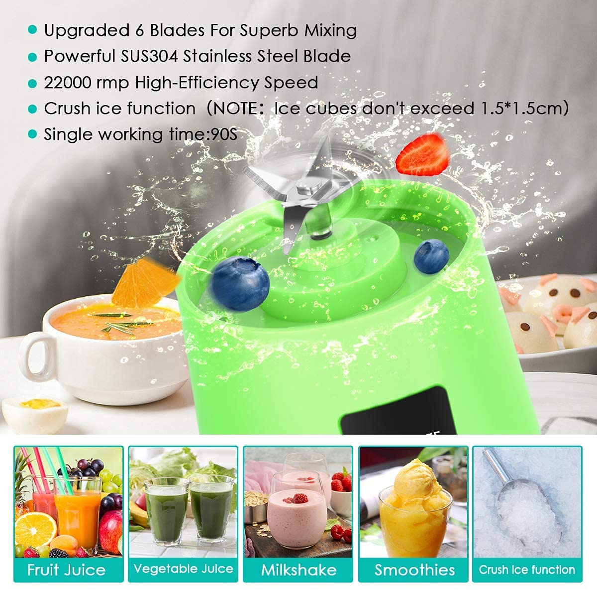 Vadaap Portable Blender, Personal Blender with USB Rechargeable Mini Fruit Juice Mixer, Personal Size Blender for Smoothies and Shakes Mini Juicer Cup Travel 380ML, Green, S