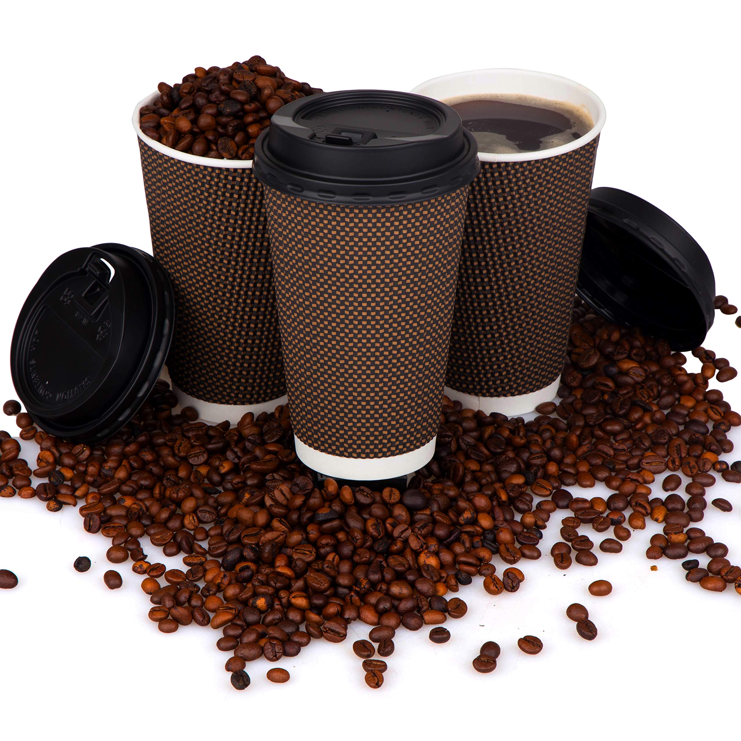 Promora Brown Disposable Coffee Cups With Lids 16 oz, Premium Insulated Paper Ripple Cups for Hot Coffee, Paper Cups 16 oz Coffee Cups 16 oz, Hot Cups With Lids 16 oz, Paper Coffee Cups (80 Pack)