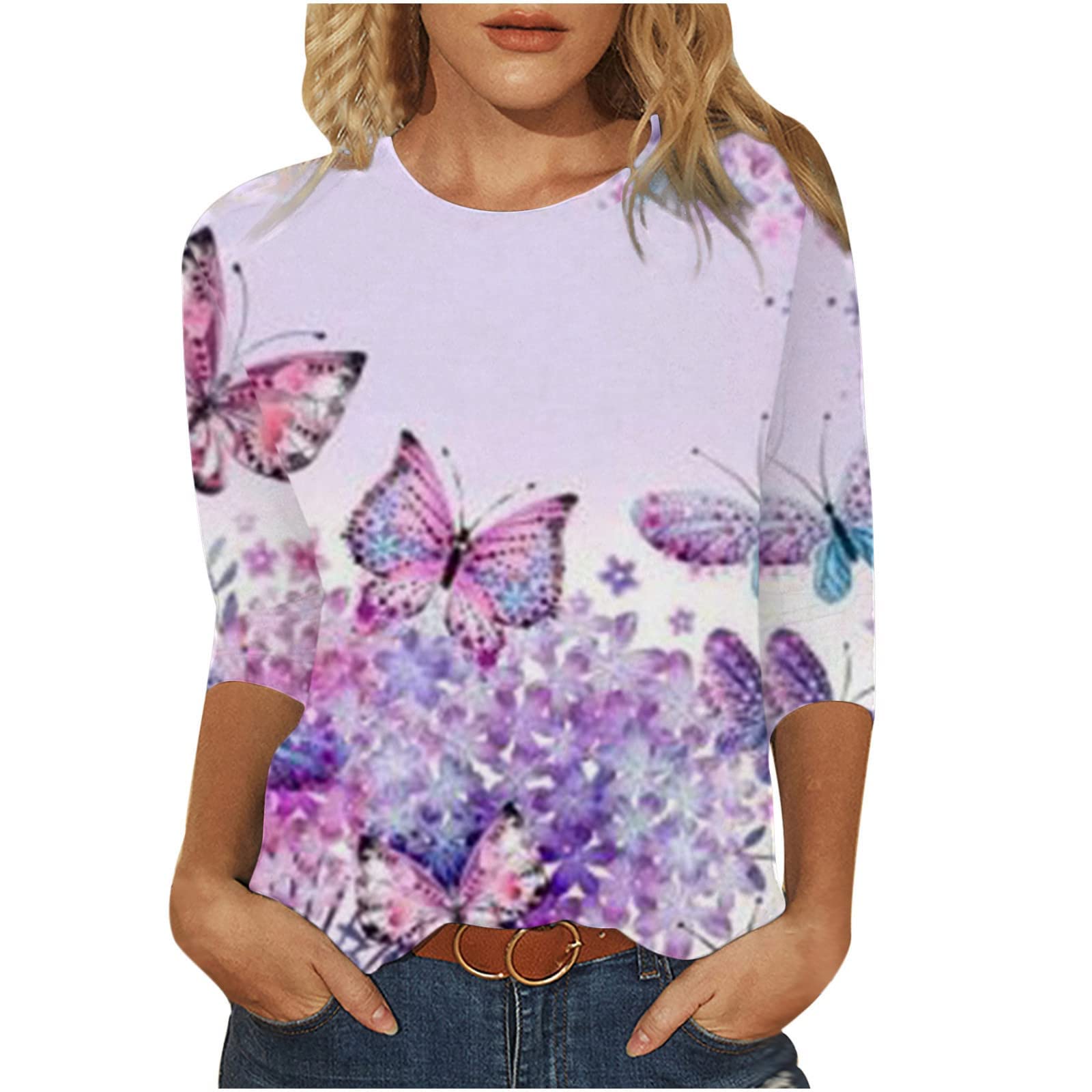 Three-Quarter Top Top Neck Printed Loose Sleeve Round Casual T-Shirt Positioning Ladies Women's Polyester Womens Shirt Pink