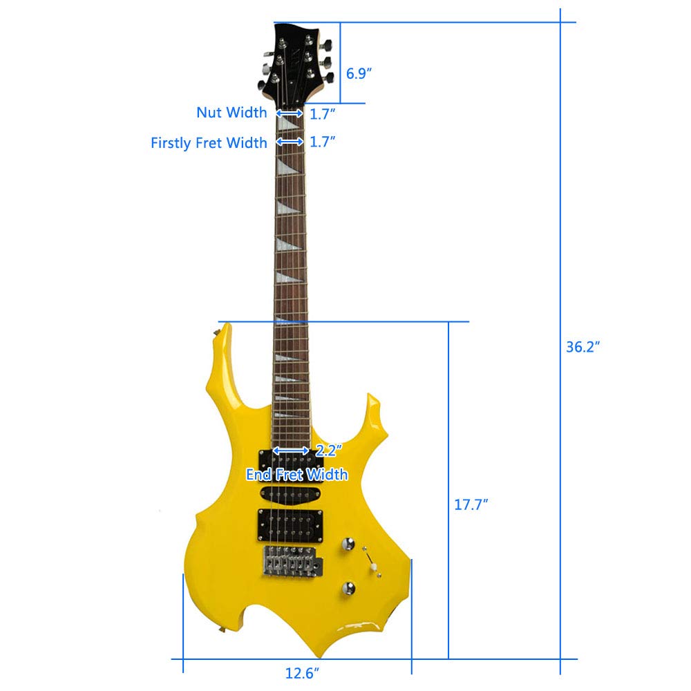 YUFUDE 36“ Beginner Flame Shaped Electric Guitar Starter Kit, w/Guitar Bag,Shoulder Strap,Amp Wire,Tremolo Arm, Plectrum (Yellow)