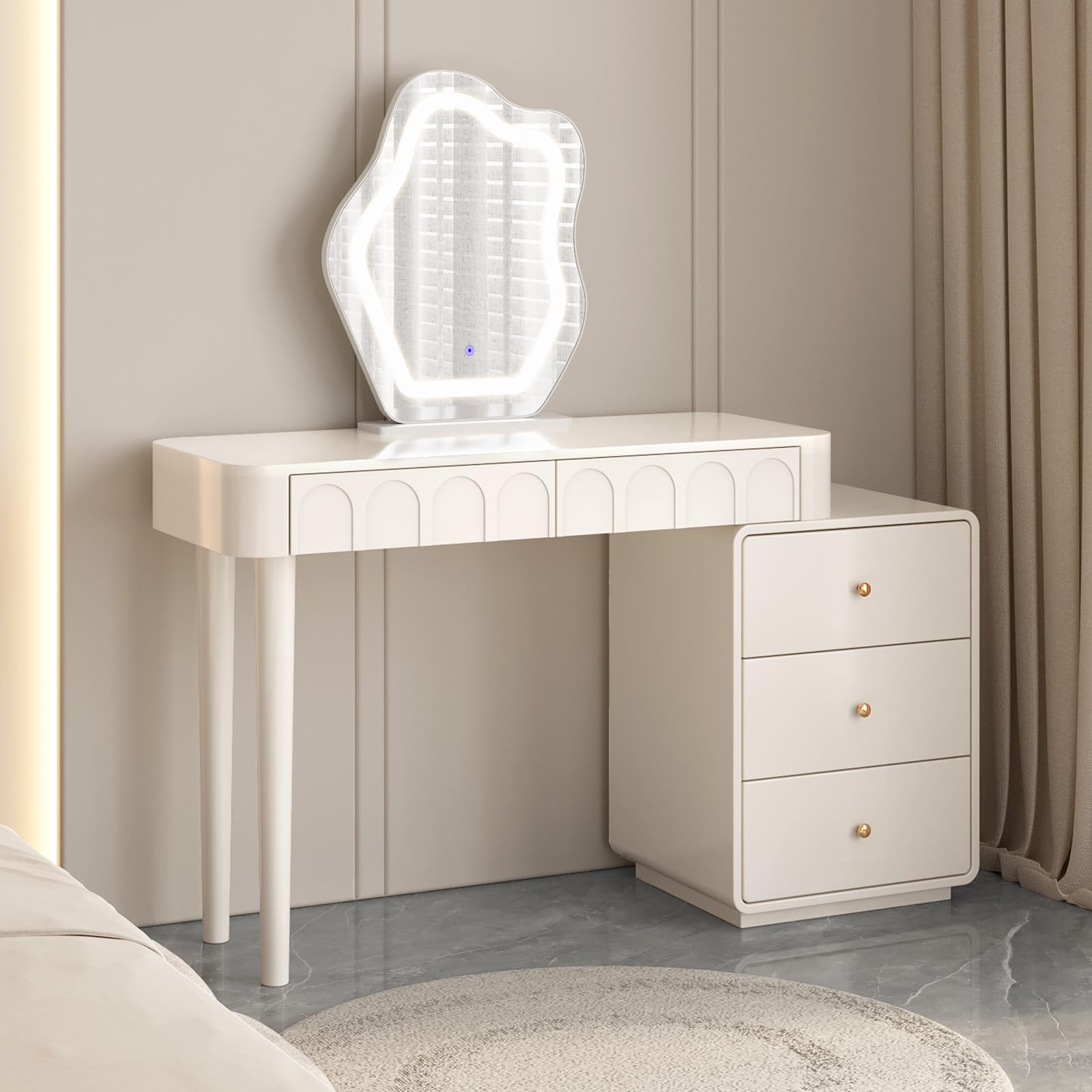 Miuuod Makeup Vanity Desk with LED Light & Mirror, 3 Light Model Modern Cosmetics Table with Drawers and Storage, Adjustable Direction Dressing Table for Women & Girls White Makeup Table 29.64" H