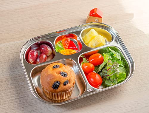 Stainless Steel Divided Plates Tray, 5 Section, Kids Toddlers Babies Small Size, Compact Serving Platter, Dinner Snack, Camping Dishes (2 Pack)