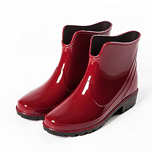 siilsaa Booties for Women, Womens Low Heel Comfy Rain Boots Round Toe Shoes Waterproof Middle Tube Heels Shoes Red