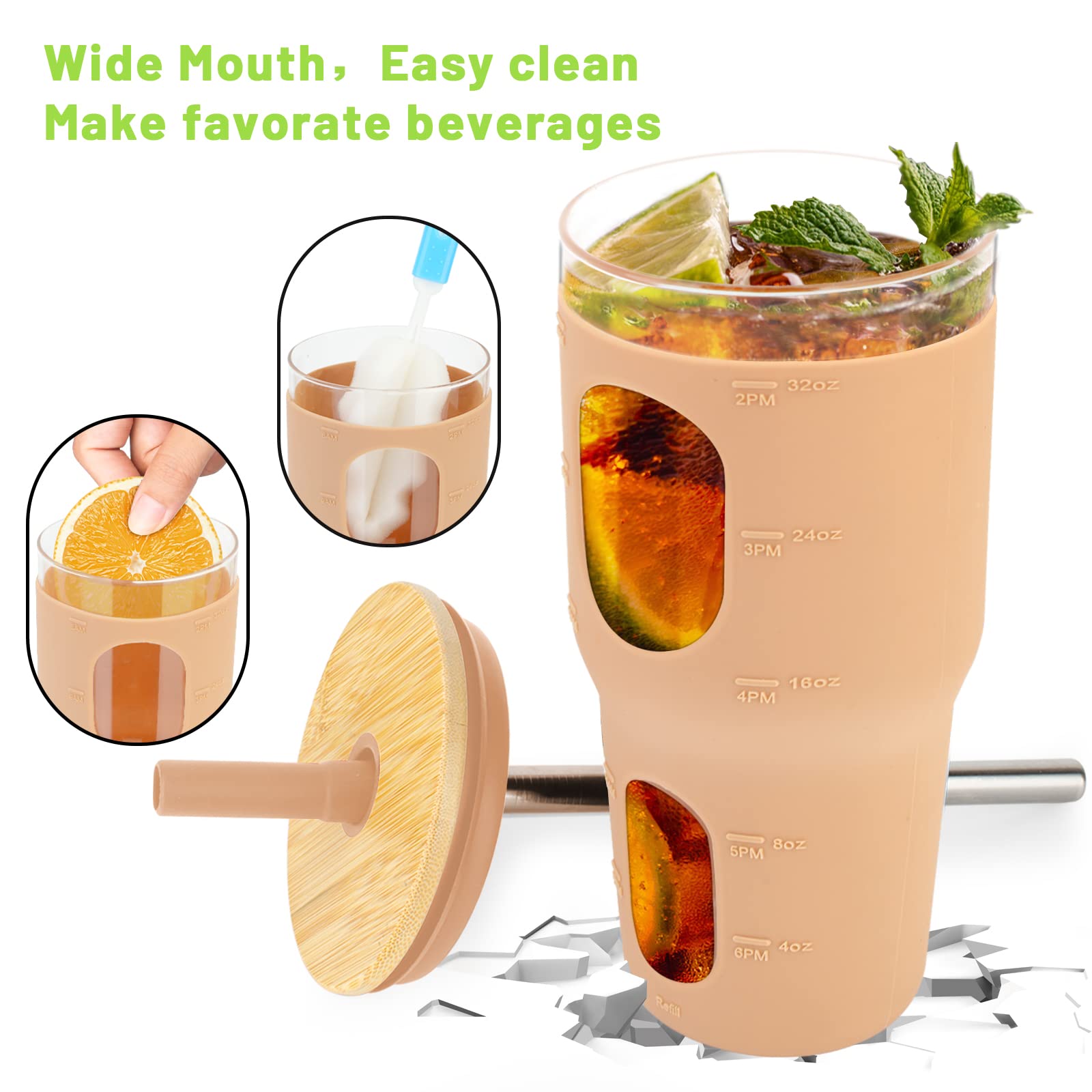 Tronco 32 oz Glass Tumbler with Straw and Lid - Reusable Drinking Glass Cup with Time Marker, Silicone Sleeve - Ideal for Boba, Smoothies, Tea and Iced Coffee Fits Cup Holder- BPA Free,Pink