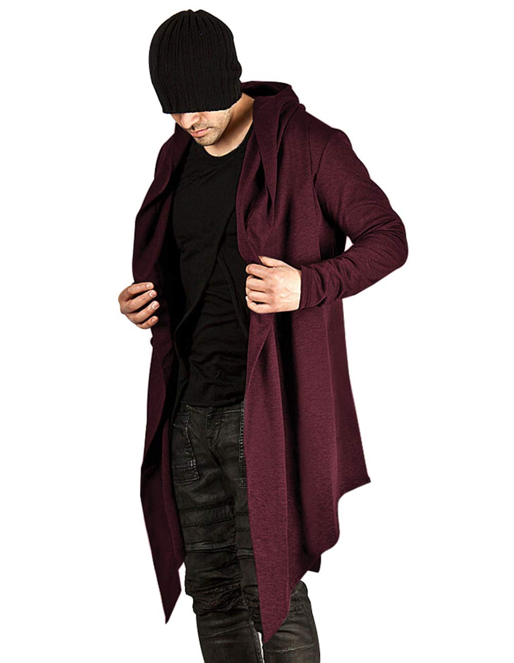 Poriff Mens Sleeveless Hooded Cardigan Asymmetrical Long Sweater Hooded Wine Red M
