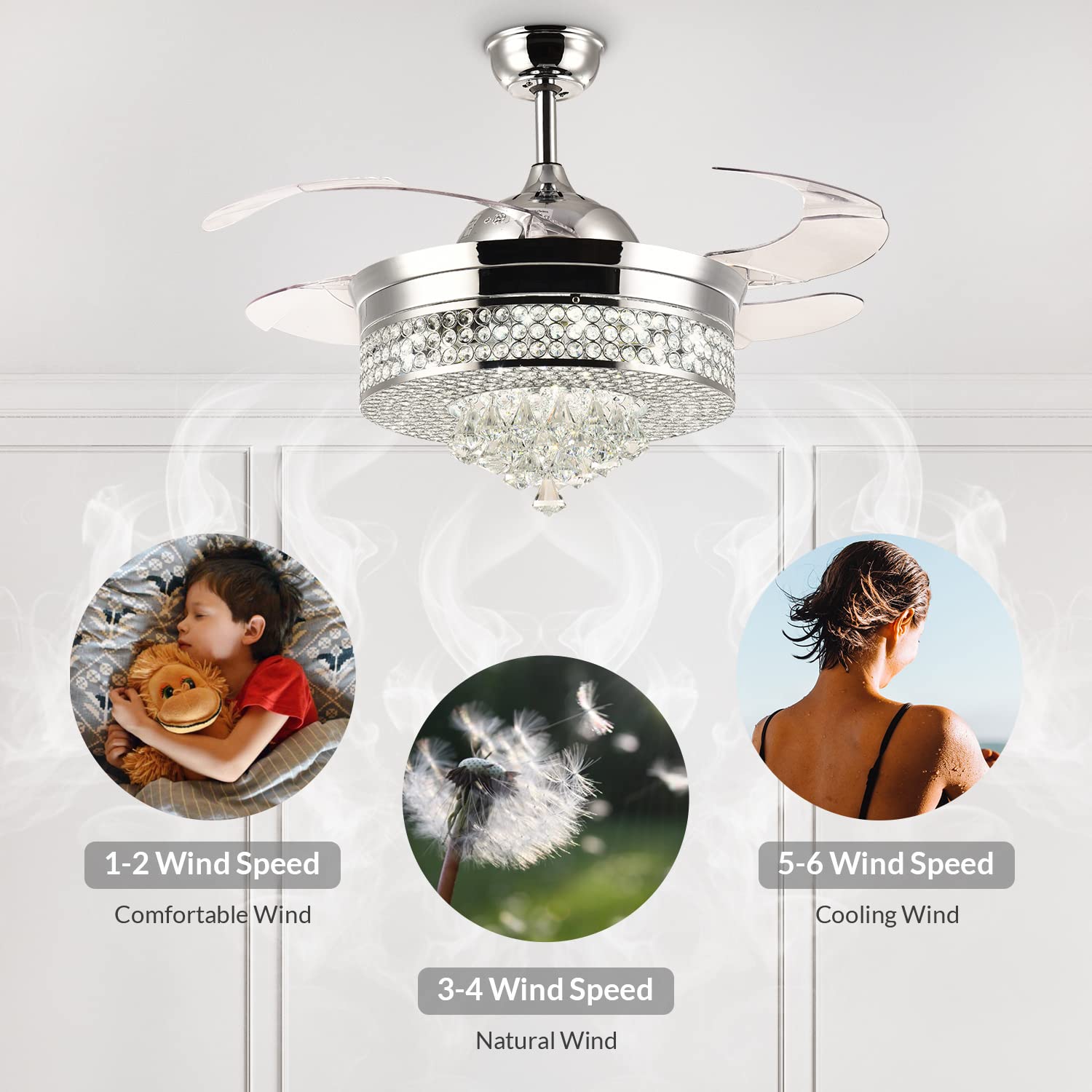 NOXARTE 36 Inch Crystal Ceiling Fan with Remote, Dimmable Retractable Chandelier Fan, Invisible Fandaliers Ceiling Fan for Bedroom Dining Room-Silverā¦