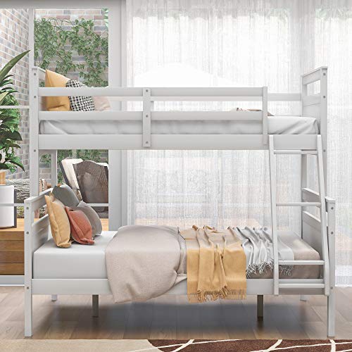 MOEO Twin over Full Wood Bunk Bed with Ladder, Convertible to 2 Separated Bedframe for Kids, Teens, Adults, Bedroom, No Box Spring Needed, White