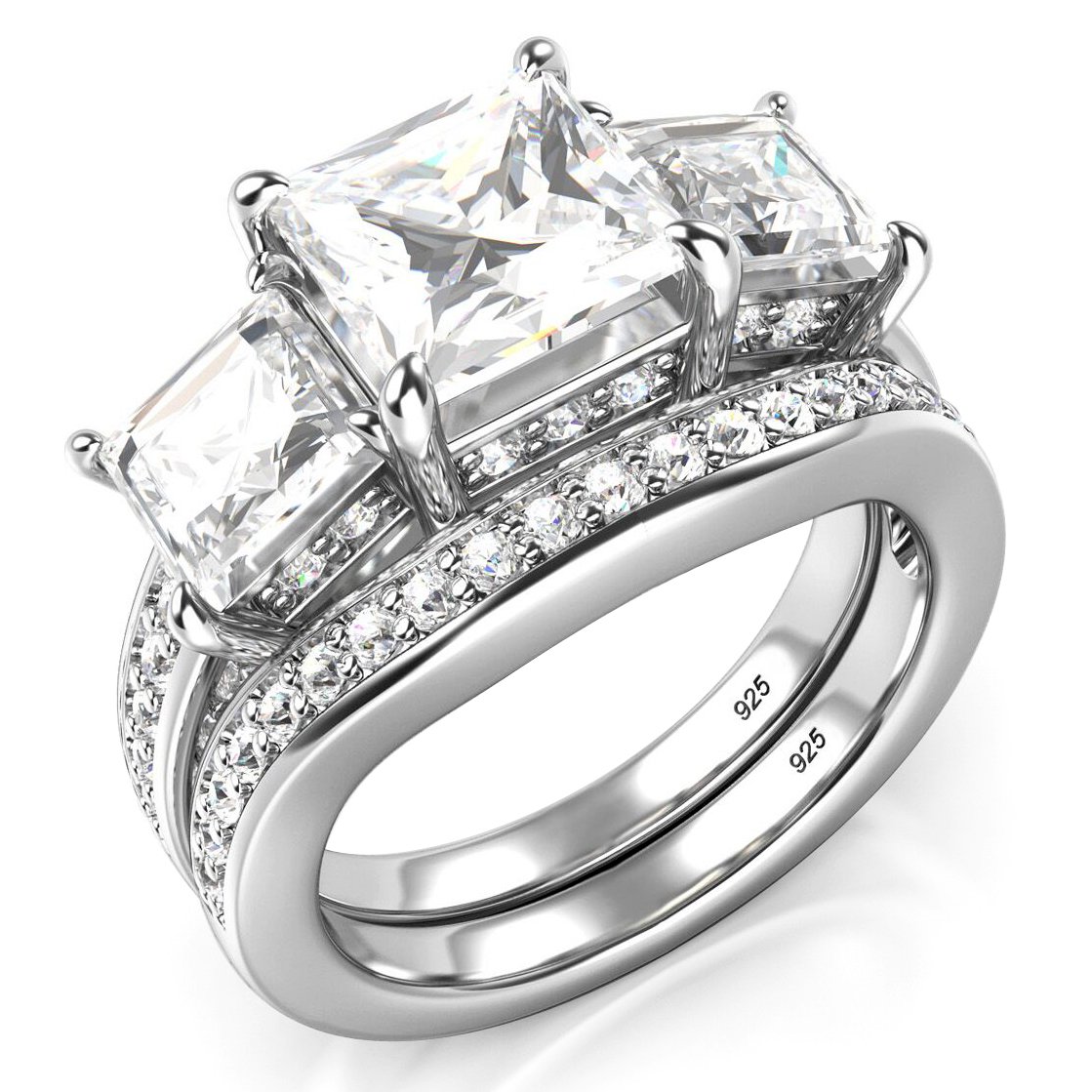 Metal Factory Sz 7 Sterling Silver 3 Carat Princess Cut Cubic Zirconia CZ Wedding Engagement Ring Set