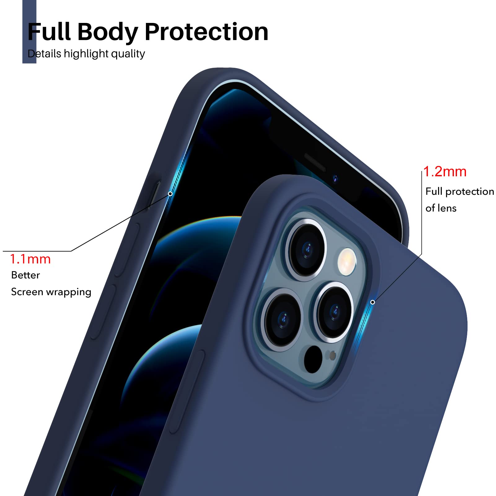ORNARTO Compatible with iPhone 12 PRO MAX Case 6.7", Slim Liquid Silicone 3 Layers Full Covered Soft Gel Rubber Phone Case Protective Cover with Microfiber Lining 6.7 inch-Navy Blue