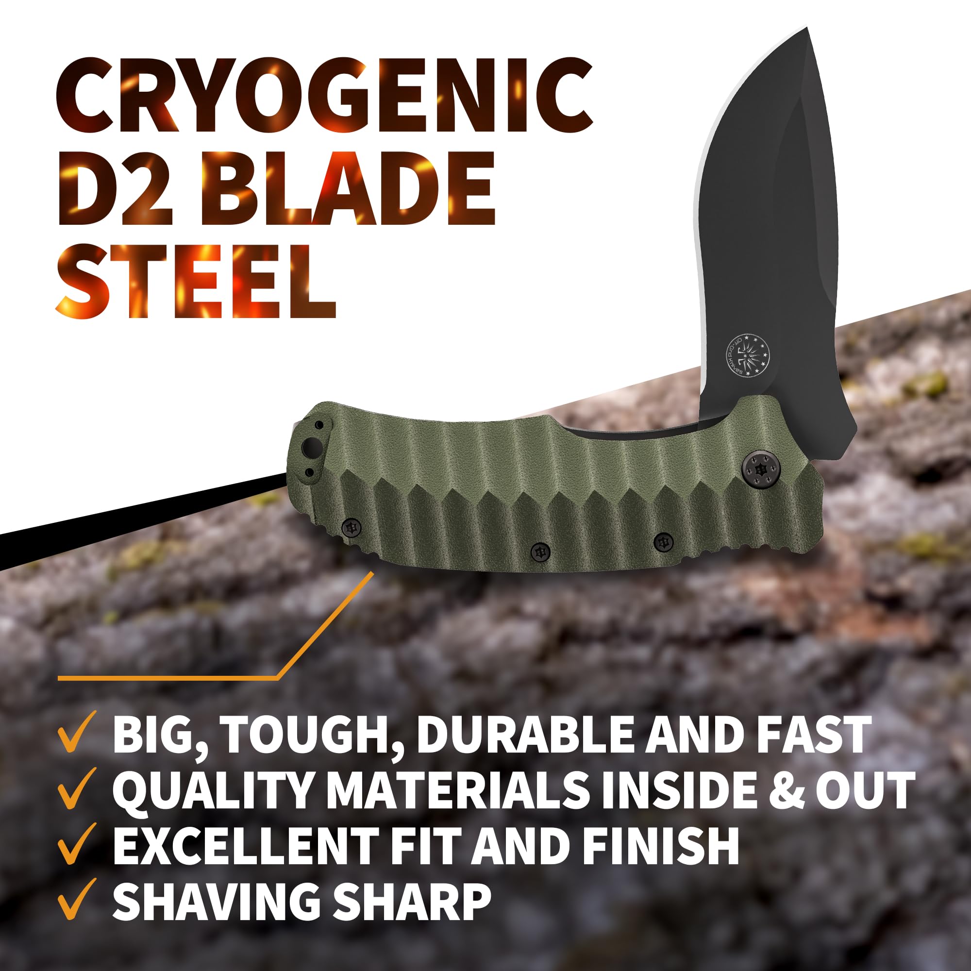 Off-Grid Knives - Rapid Fire Ranger, Camping & Hunting Knife, Cryo D2 Blade Steel with Olive Drab G10 Scales, Deep Clip, Left or Right Carry, Survival, Hiking, Fishing, Boating, Bushcraft
