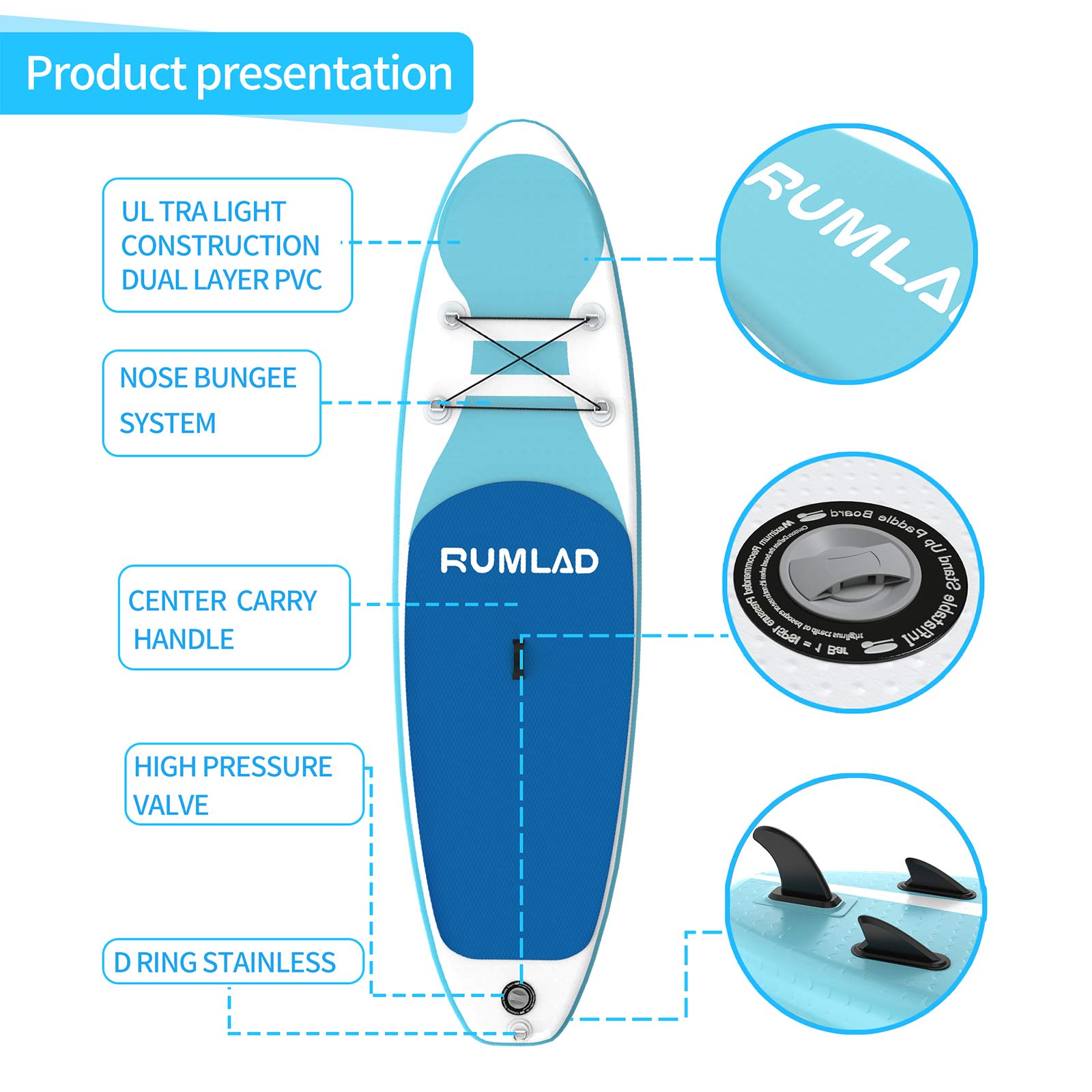 Rumlad Inflatable Stand Up Paddle Board 4 Inches Thick with One-Way Sup Dedicated Pump&Backpack,Adjustable Special Pulp,Simple Foot Rope,Waterproof Cell Phone Bag,Youth & Adult,630c Blue