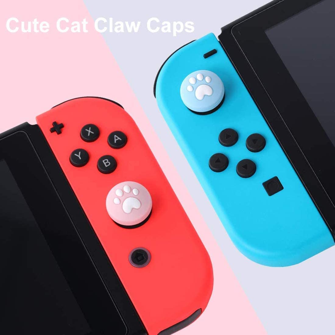 Thumb Grip Joystick Caps for Nintendo Switch/OLED/Lite Console, Cute Cat Paw Shape Kawaii Silicone Joystick Cover Replacement Thumb Grip Covers for Joycon Switch Controller - Pink & Blue, 2 Pairs