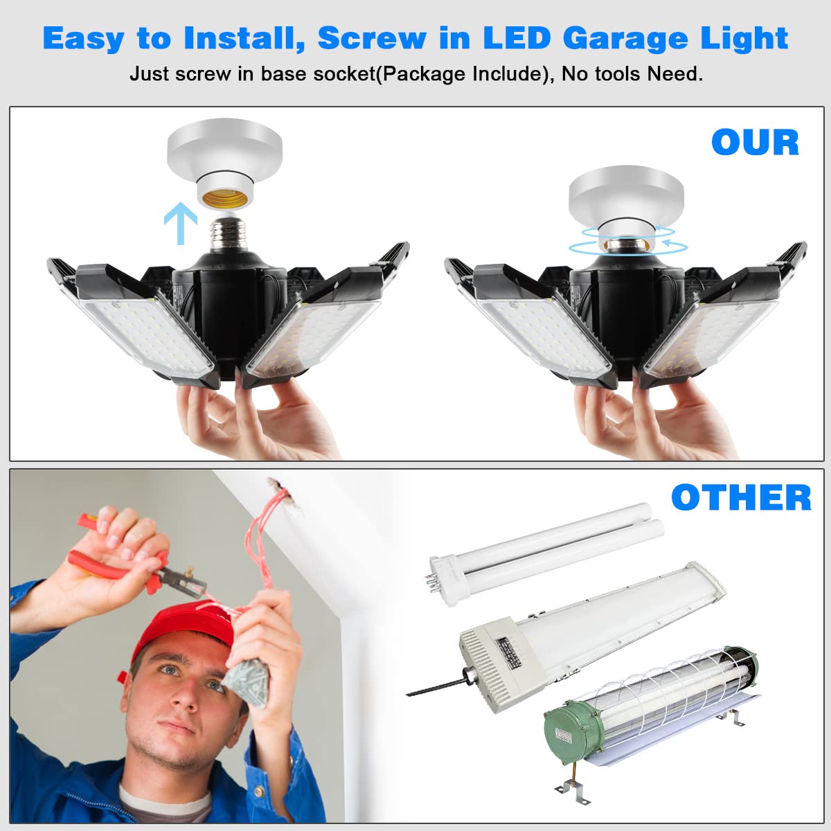 POLARPRA LED Garage Light - 160W LED Garage Ceiling Light 64000LM 6500K Super Bright Garage Lighting w/ 6 Deformable Panels Screw in Shop Light for Basement Workshop Warehouse Attic - 4Pack
