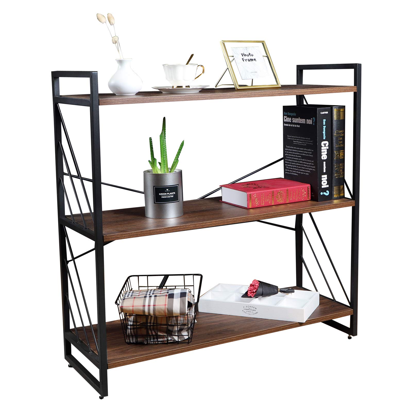 NOZE 3 Tier Industrial Bookshelf, Storage Rack Shelf for Home and Office , Rustic Bookcase, Walnut
