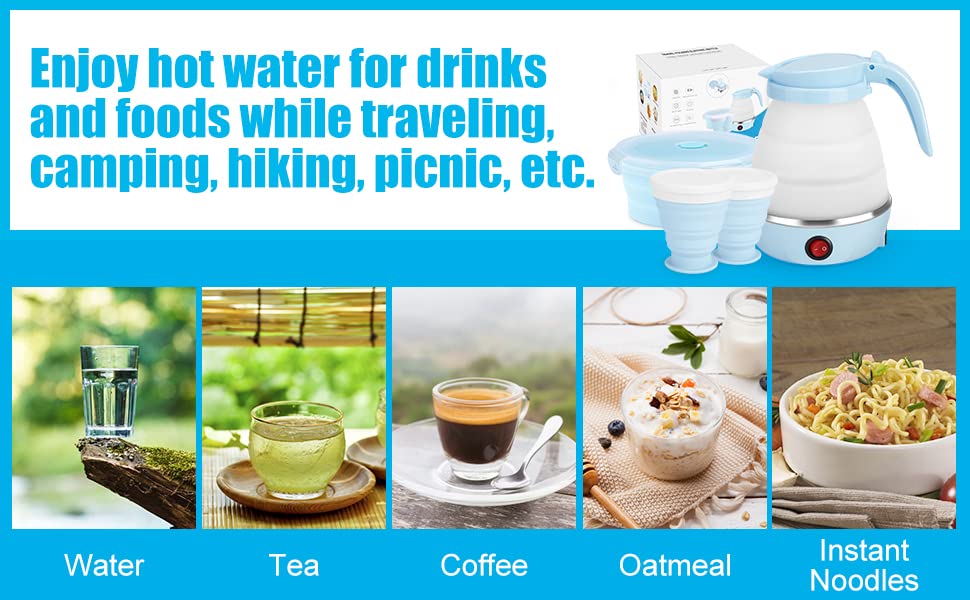 Travel Foldable Electric Kettle, Collapsible Portable Kettle for Fast Water Boiling Tea Coffee, with 1 Collapsible Bowl and 2 Collapsible Cups, Food Grade Silicon, 600ML 110V