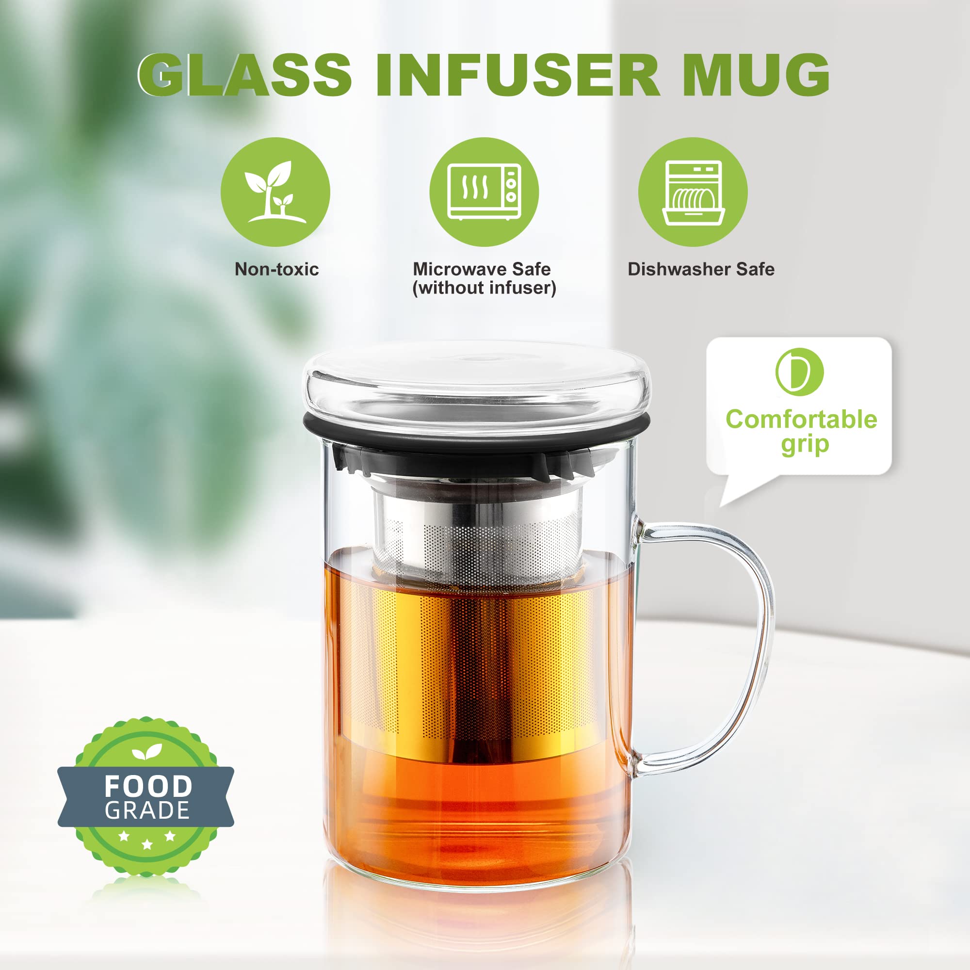 suyika Tomotime Glass Tea Cup with Lid and Stainless Steel Infuser Basket Perfect Clear Tea Mug for Office and Home Uses for Loose Leaf Tea Steeping 13.5 Ounce,400ml, Black