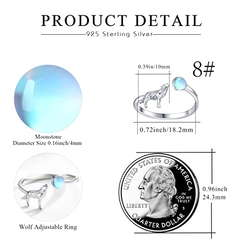 Wolf Ring S925 Sterling Silver Wolf Adjustable Ring Thumb Ring Moonstone Ring Howling Wolf Open Ring Animal Ring Howling Wolf Jewelry for Women Teen Girls 8#