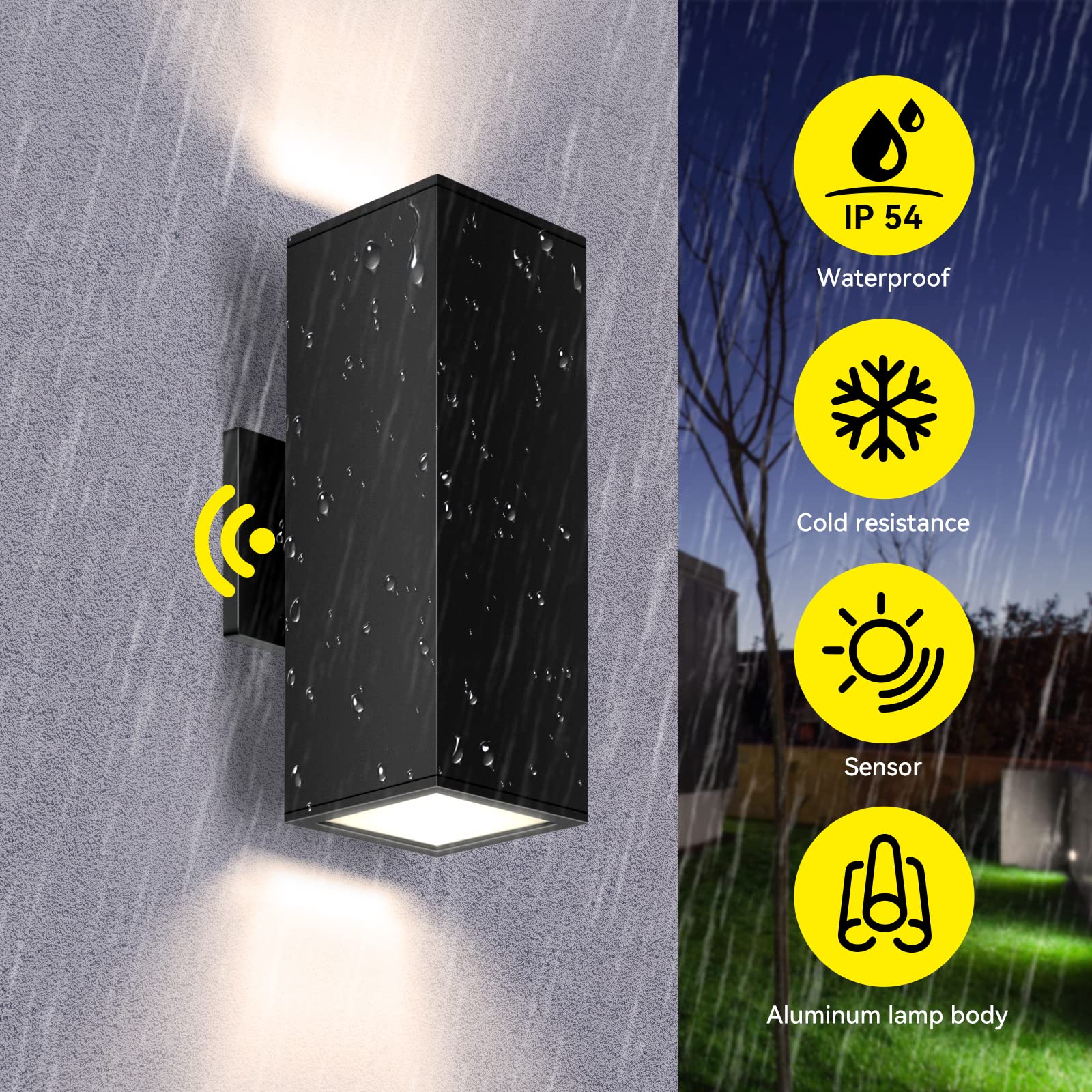 Tesjaso Dusk to Dawn Sensor Outdoor Wall Light Fixtures, LED Square Up and Down Lights, Modern Exterior Patio Lighting Sconce Aluminum IP65 Waterproof Lamp Dual Head NO Bulbs Wall Lantern