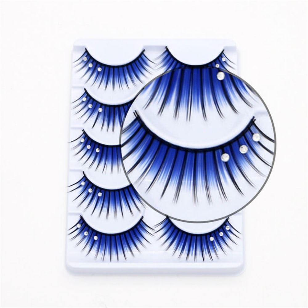 Okdeals 5 Pairs Glitter Lashes 3D Blue Cosplay Anime Eyelash with Rhinestones, 13mm Blue Dramatic Manga Lashes Halloween New Year Party Stage Makeup Eyelash, Black Stems