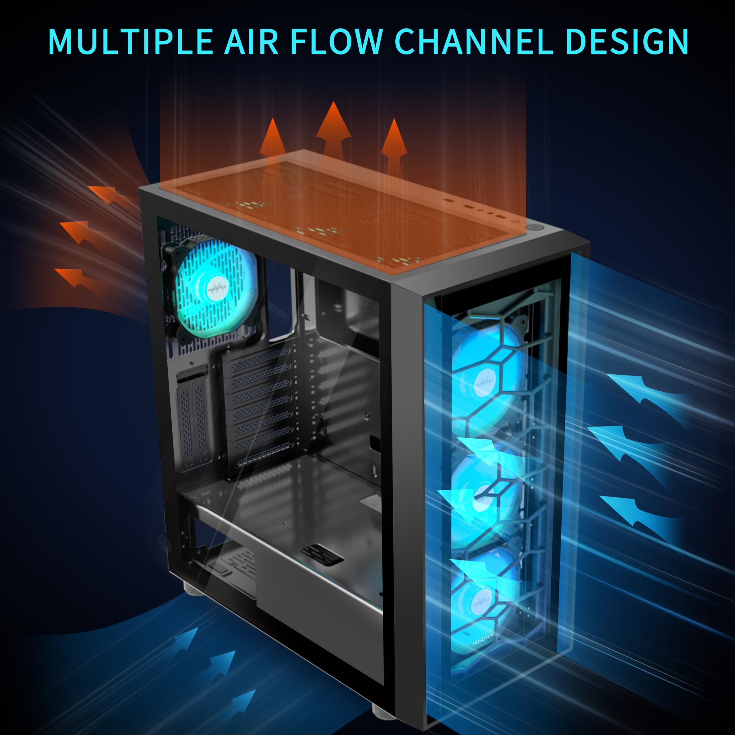 MUSETEX ATX PC Case 4 PWM ARGB Fans Pre-Installed, Mid Tower Gaming PC Case, Double Tempered Glass Tower Computer Case, USB 3.0 x 2, Black, G08