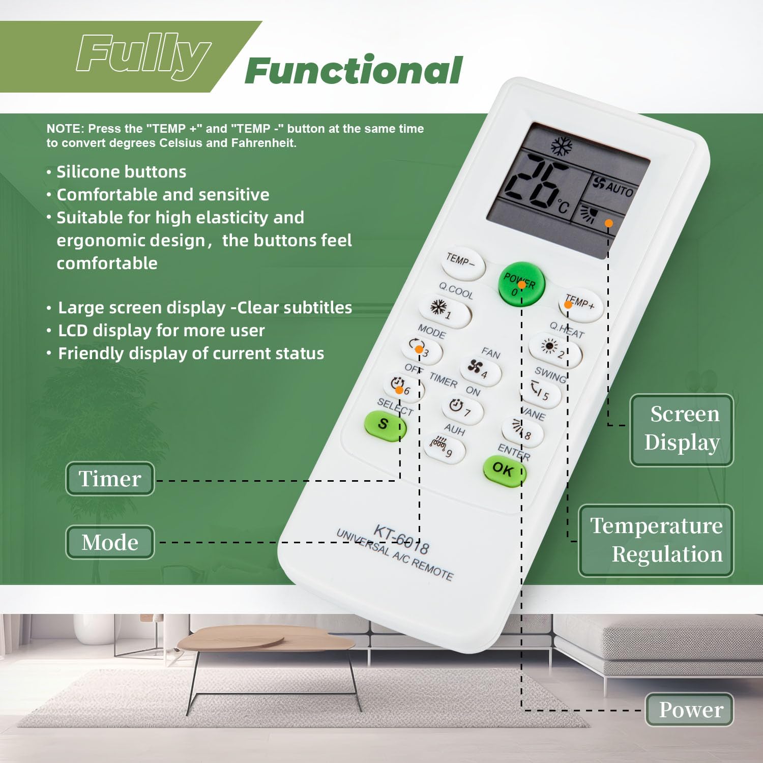 Universal AC Remote Control - 6000 in 1 LCD A/C Conditioning Controller for Multiple Brands Including Mitsubishi, Toshiba, Hitachi, Fujitsu, Daewoo, LG, Samsung, Electrolux, Sanyo, and AUX