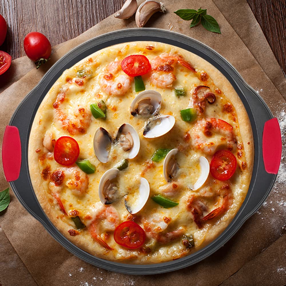 VDGPWA 12 Inch Non-Stick Pizza Tray-With Silicone Handle,Carbon Steel Without Hole and With Hole Pizza Tray,Round Pizza Bakeware Crisper Pan for Home Baking,Kitchen,Restaurant Oven (2 Pack)