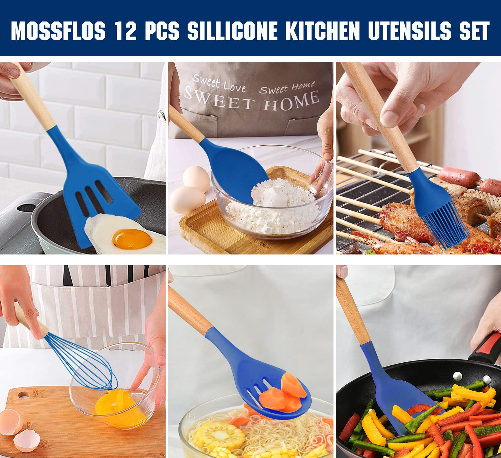 mossFlos Kitchen Cooking Utensils Set, 12 pcs Non-Stick Silicone Cooking Kitchen Utensils with Holder, Heat Resistant Kitchen Gadgets Utensil Set,Turner Tongs,Spatula,Spoon,Brush,Whisk.Dark Green
