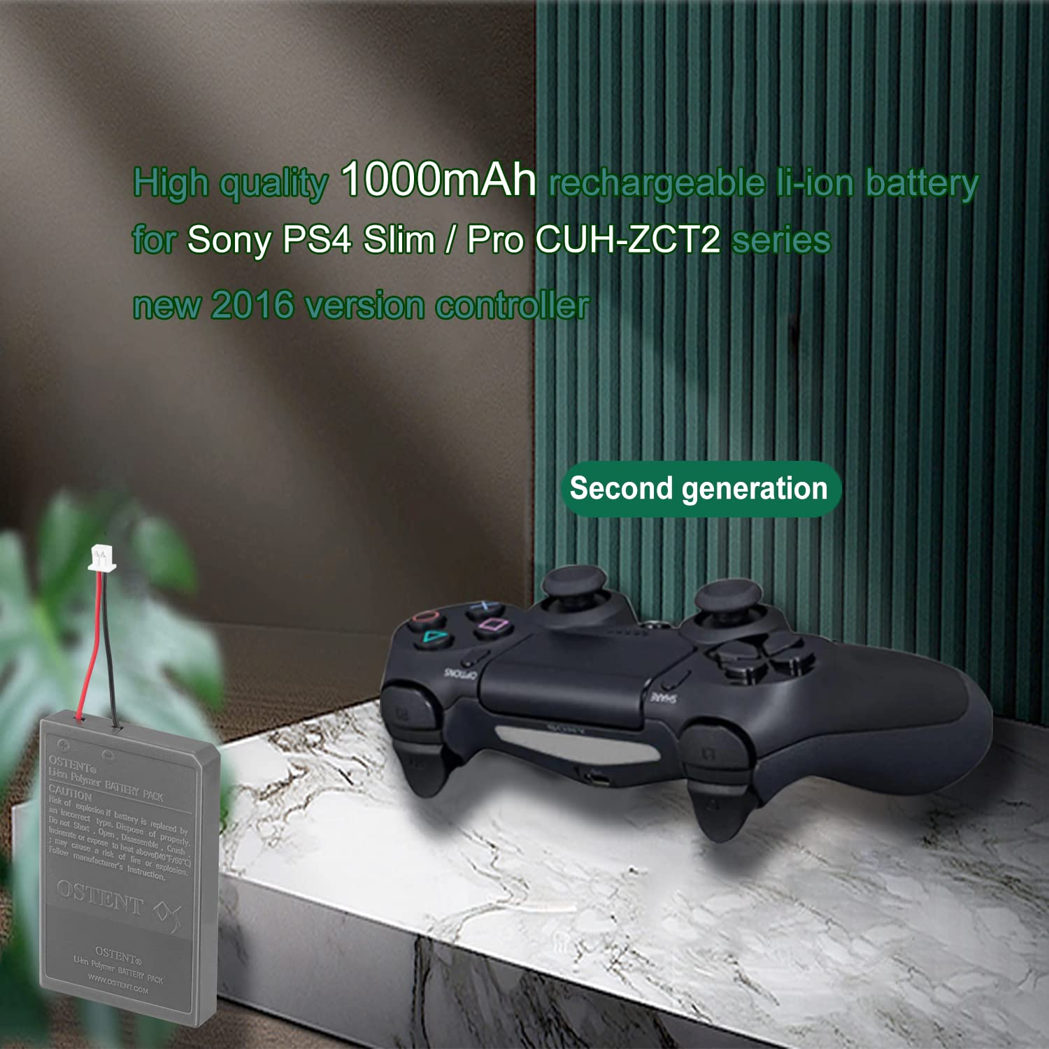 OSTENT 1000mAh 3.65V 3.7Wh Rechargeable Li-ion Battery Pack Replacement for Sony PS4 Pro/Slim CUH-ZCT2 Series Bluetooth Wireless Dual Shock Controller Second Generation New Version Small Connector