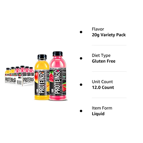 Protein2o 20g Whey Protein Isolate Infused Water Plus Electrolytes, Sugar Free Sports Drink, Ready To Drink, Gluten Free, Lactose Free, 20g Variety Pack, 16.9 Fl Oz (12 Count)