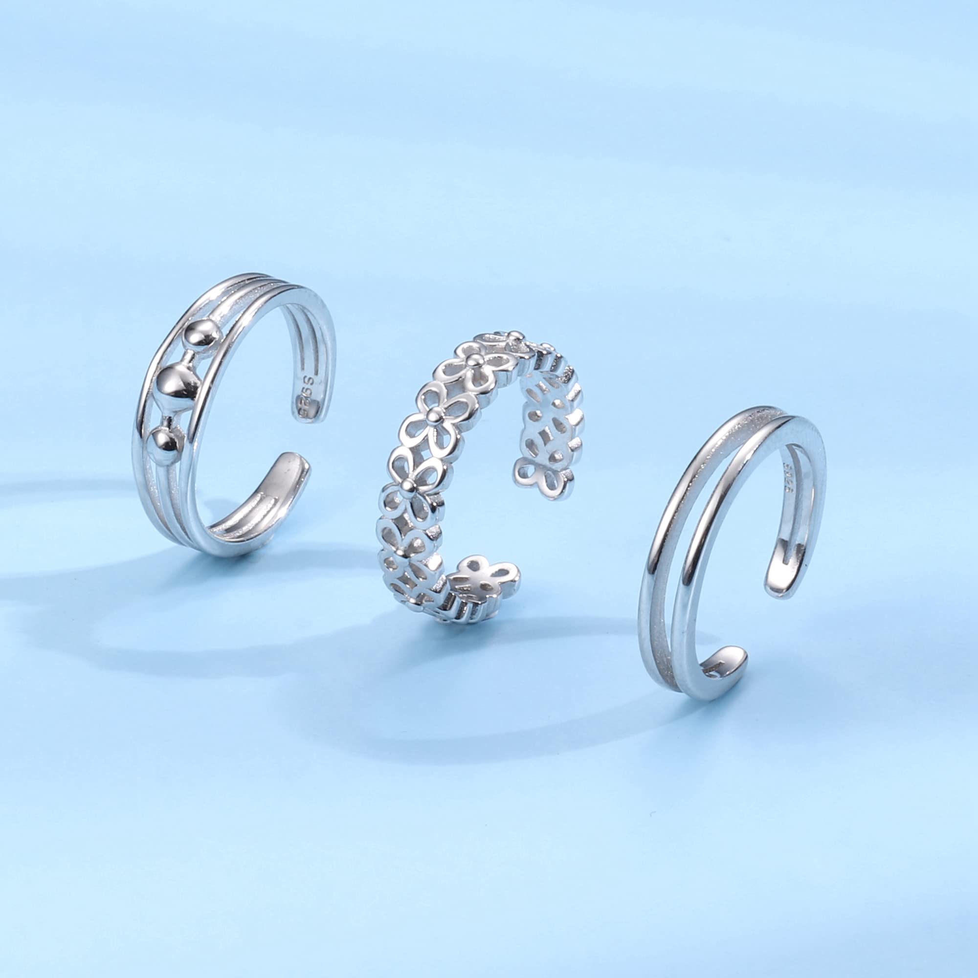Sllaiss 925 Sterling Silver Toe Rings For Women Summer Beach Moon Star Flower Adjustable Open Toe Rings Stackable Vintage Knuckle Rings(Set 1)