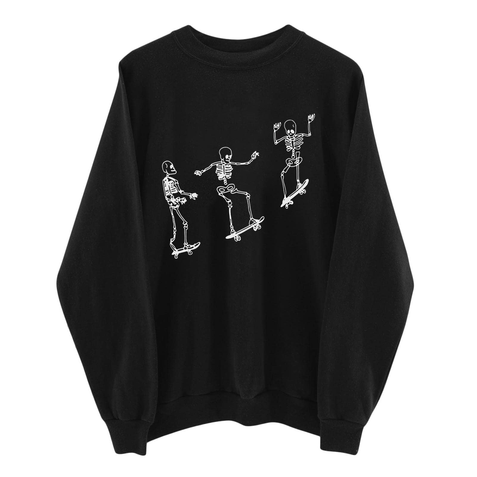 UNIROSE Oversized Sweatshirt for Women Crewneck Pullover Graphic Long Sleeve Top Loose Fit Drop Shoulder Funny Y2k Fleece Cute Grunge Fall Shirt sweatshirts for camel Skull Skeleton Dancing Black