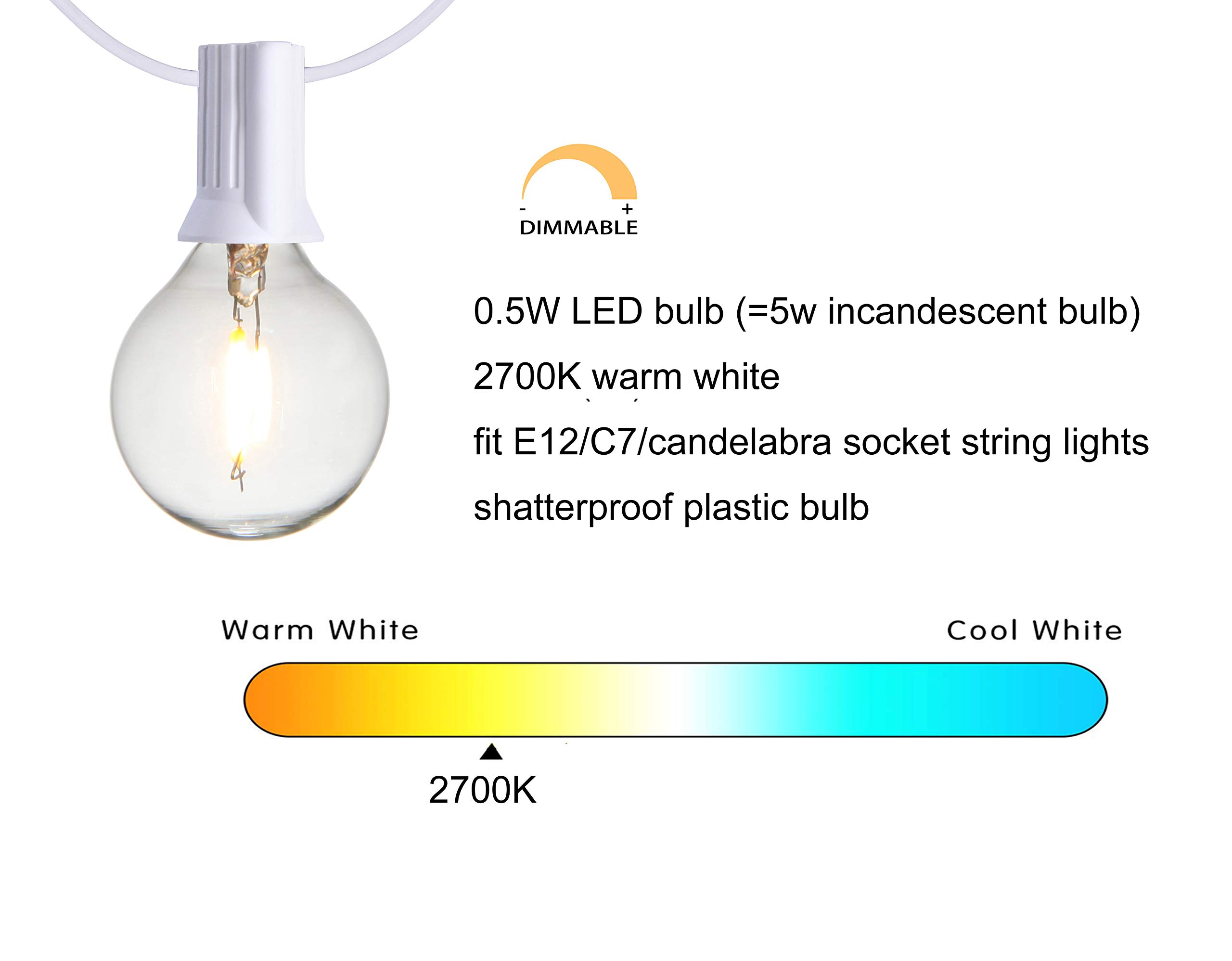 NIOSTA G40 Replacement Bulbs for Outdoor String Lights, 2700K Warm White and E12/C7 Base, 0.5W LED=5W Incandescent Bulbs, Shatterproof & Waterproof Globe Bulbs(25 Pack)
