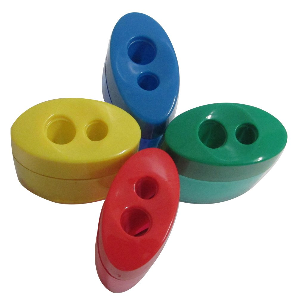 Mega Stationers Mega Pack of 12 Double Hole Oval Shaped Pencil Sharpener with Cover and Receptacle - Comes in 4 Colors