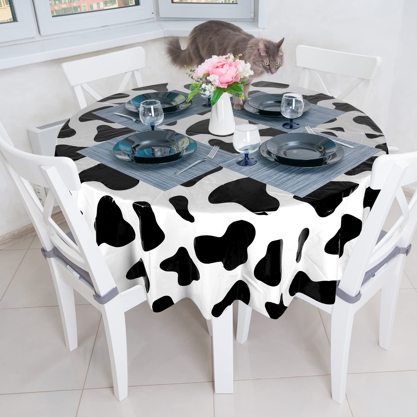 Oudain 6 Pcs 84'' Cow Tablecloth Round Tablecloth Plastic Washable Table Cloth Disposable Stain Resistant Table Cover for Picnic Camping Party Xmas Kitchen Dining Table(Black, Simple Style, 6 Pcs)