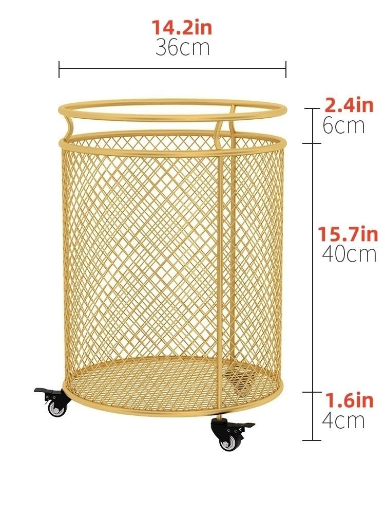 YDKJWB Metal Laundry Basket with Wheels, Round Mesh Dirty Clothes Hamper, Gold/Black/White Laundry Hamper, Storage Basket for Bathroom, Laundry Room, Living Room, Bedroom (Color : Gold)