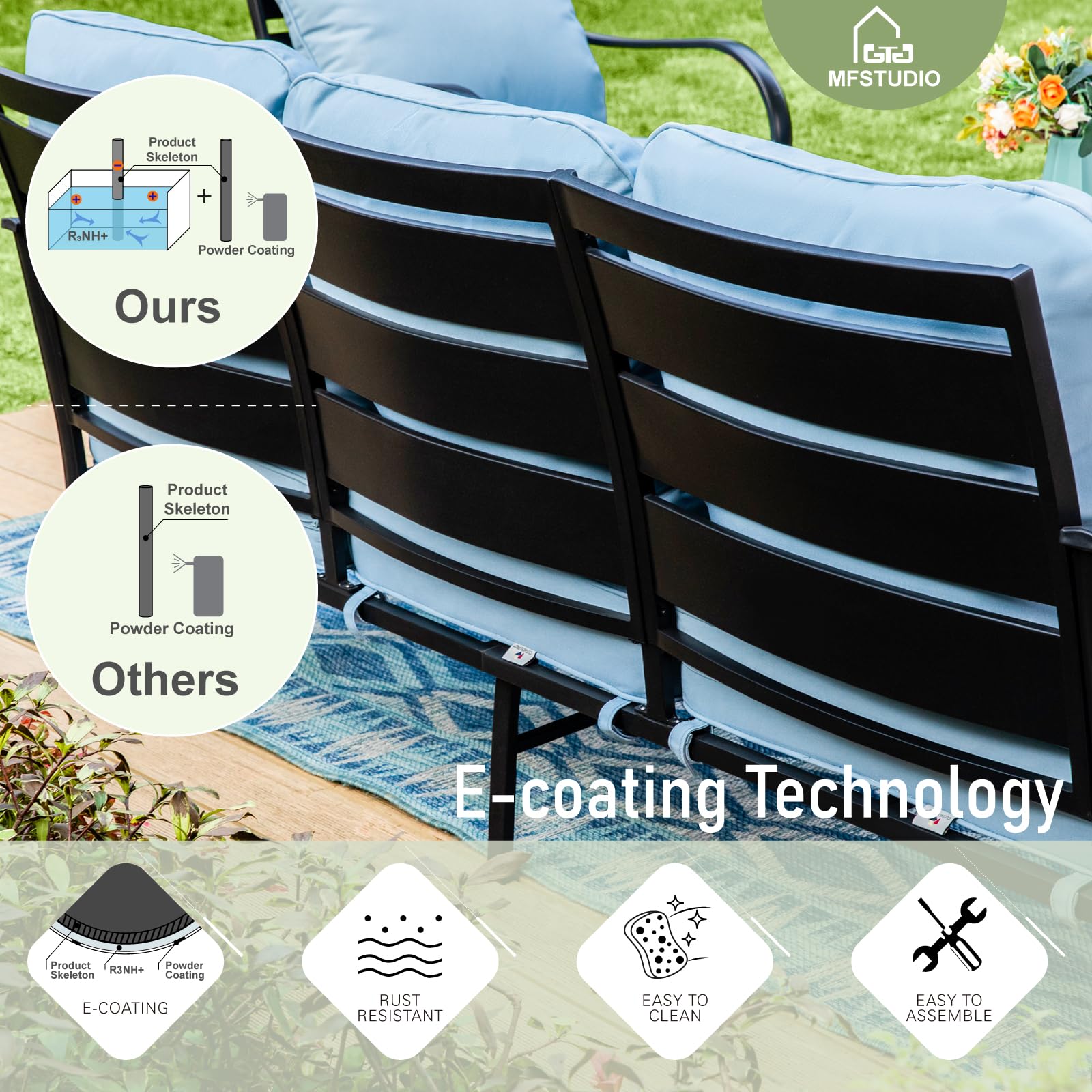 MFSTUDIO 5 Pieces Patio Conversation Sets,Outdoor Metal Furniture Sofas with 1 x 28 50,000 BTU Square Propane Fire Table and 4 x Wrought Iron Frame Rocking Chairs with Beige Cushion