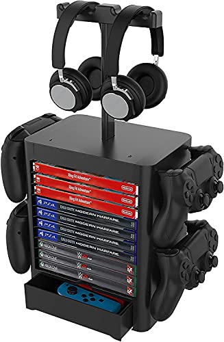 NiSotieb Multifunctional 10 Games Disk Storage Rack for PS5 Controller/Headset Stand Holder for PS4/Xbox Series X/Switch/PS5 Game Accessories Organizer
