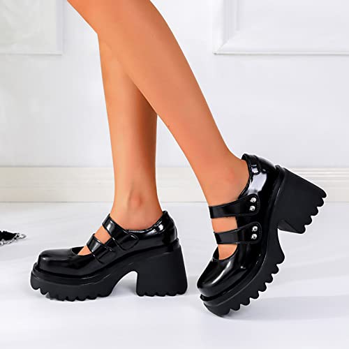 YUNWI Ladies Fashion Solid Color Leather Retro Low Top Square Toe Thick High Heel Shoes Size 11 Wedges for Women