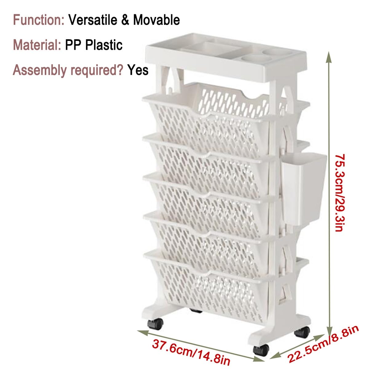 Movable Classroom Deskside Bookshelf, Desk Storage Organizer with Caster Wheels, 6-Tier Storage Trolley Under Desk, Adjustable Rolling Cart Organizer Multifunctional Rolling Cart with Hanging Cups