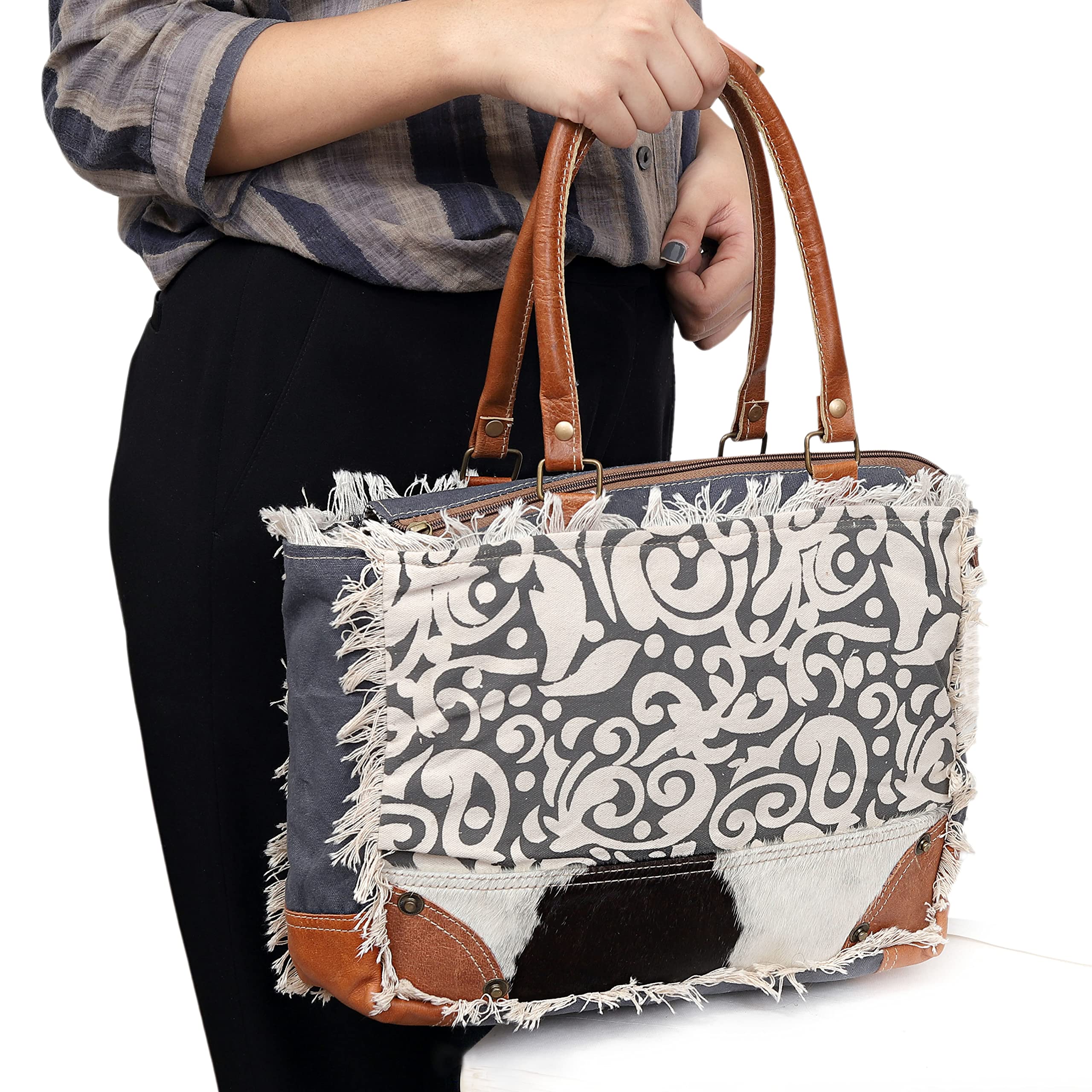 Upcycled Canvas & Leather Shoulder Bag Tote Crossbody Purse for Work Leather Tote Bag Classic Women Canvas Tote Bag (style 1)