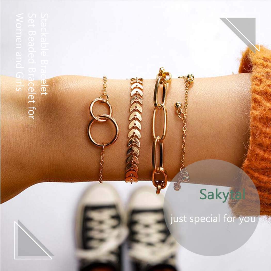 Sakytal Boho Stackable Circle Bracelet Set Gold Fish Bone Layered Beaded Paperclip Link Bracelet Chain Jewelry for Women(4PCS)
