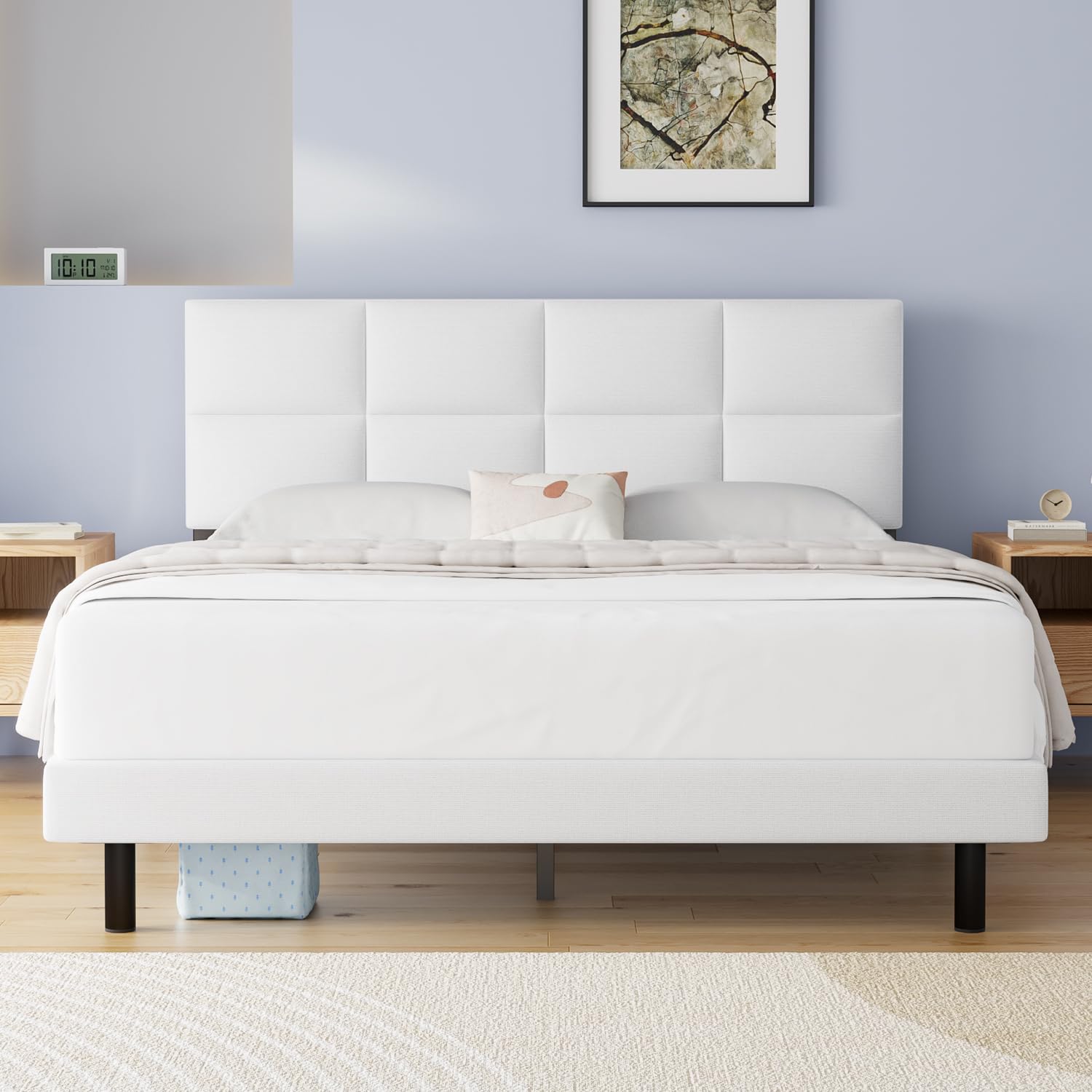 Molblly Queen Size Bed Frame with Upholstered Headboard, Strong Frame, and Wooden Slats Support, Non-Slip and Noise-Free, No Box Spring Needed, Easy Assembly, Off White