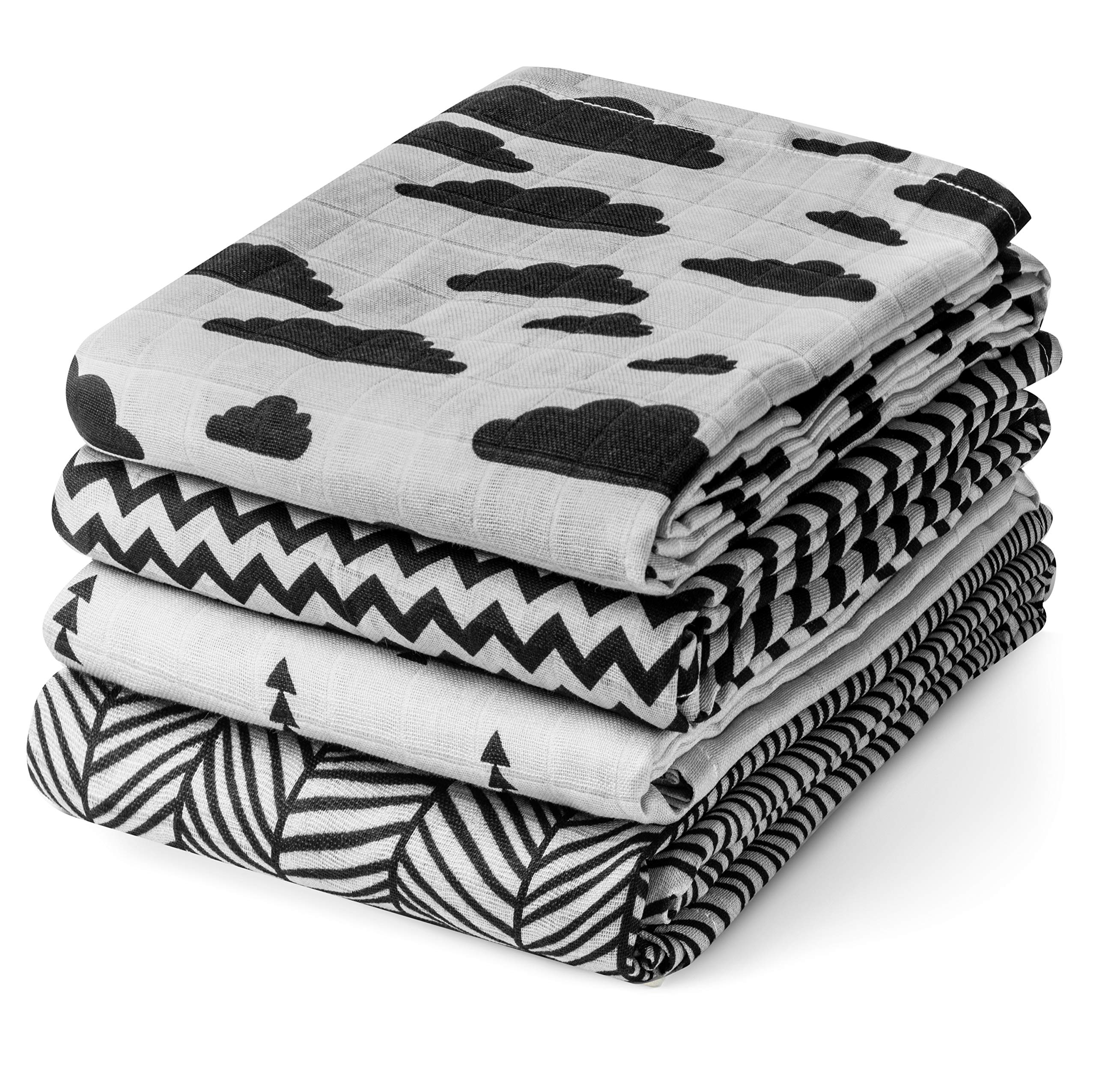 Muslin Swaddle Blankets – Soft Pure Cotton Muslin Blankets – 4 Pack of Breathable Swaddle Blankets – Unisex Baby Swaddle Blanket in Grey Black Designs – Multi Use Muslin Blankets – 47 x 47 inches