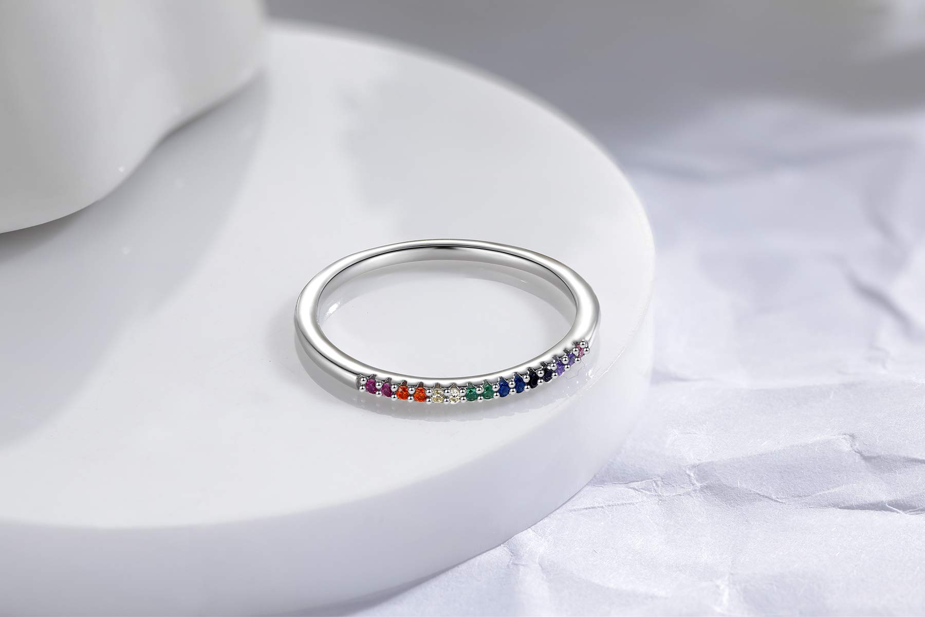 Presentski Colorful Stackable Ring 925 Sterling Silver Hypoallergenic CZ Stimulated Diamond Stacking Thin Ring Eternity Bands Size 6 for Women