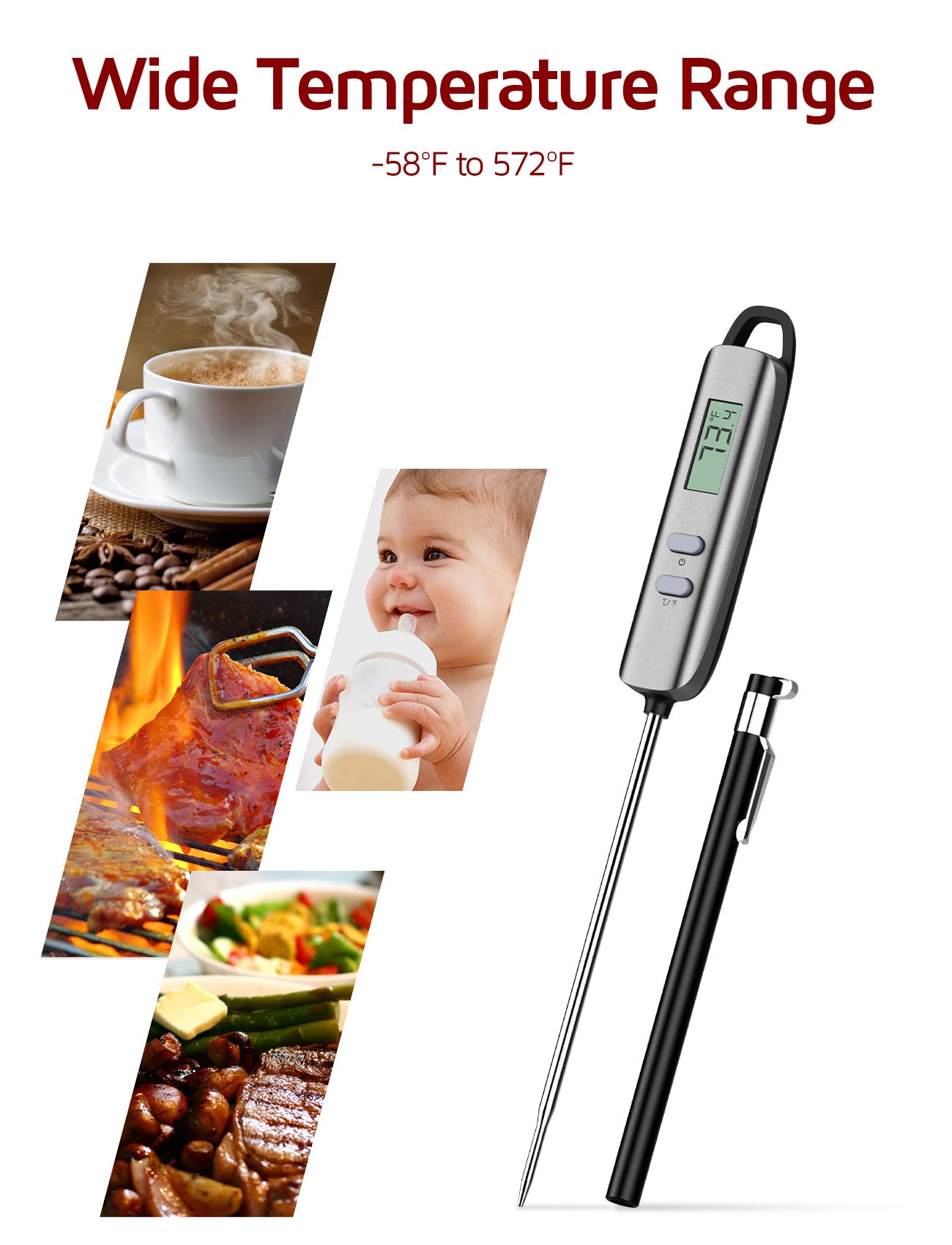 YaungBass Digital Meat Thermometer, Instant Read Cooking Food Thermometer with 4.7in Long Probe for Grill Candy, Kitchen Thermometer for BBQ Smoker Oven Oil Milk Yogurt, 1-Silver