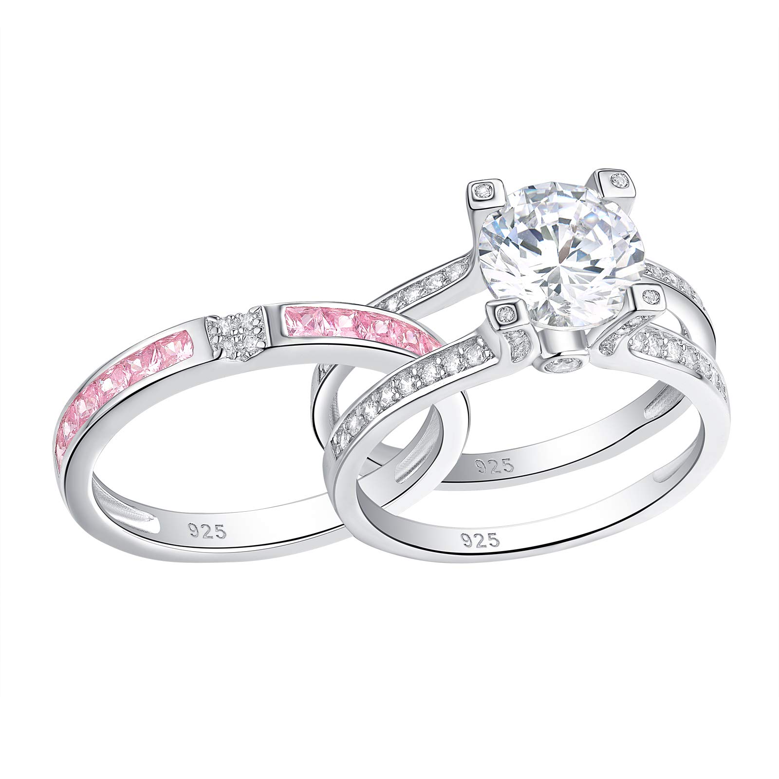 Newshe Jewellery Round Pink Cz 925 Sterling Silver Wedding Band Engagement Ring Sets Size 9
