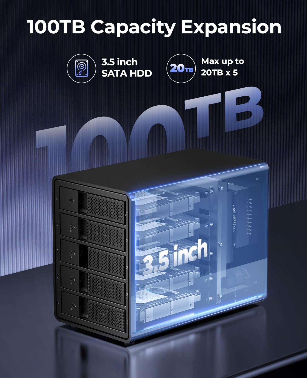 ORICO 5 Bay Raid Hard Drive Enclosure Aluminum USB 3.0 to SATA Hard Drive Tray Less Docking Station Max Up to 100TB Support RAID 0/1/3/5/10/JBOD Single Mode, Designed with Safety Lock-9558RU3