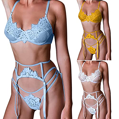 wodceeke Women's 3 PC Deep V Teddy Lingerie Set Sexy Lace Babydoll Bodysuit With Garter (Yellow, L)