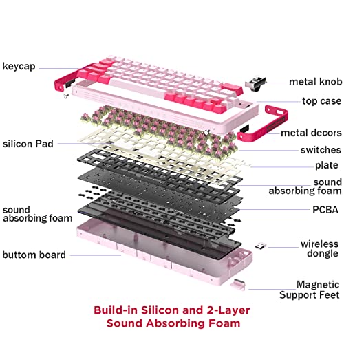YUNZII Y68 65% Hot Swappable Wireless Mechanical Keyboard with RGB Backlight, Double Shot PBT Keycaps for Gamers/Mac/Win (Gateron Pro Red,Y68 Pink)