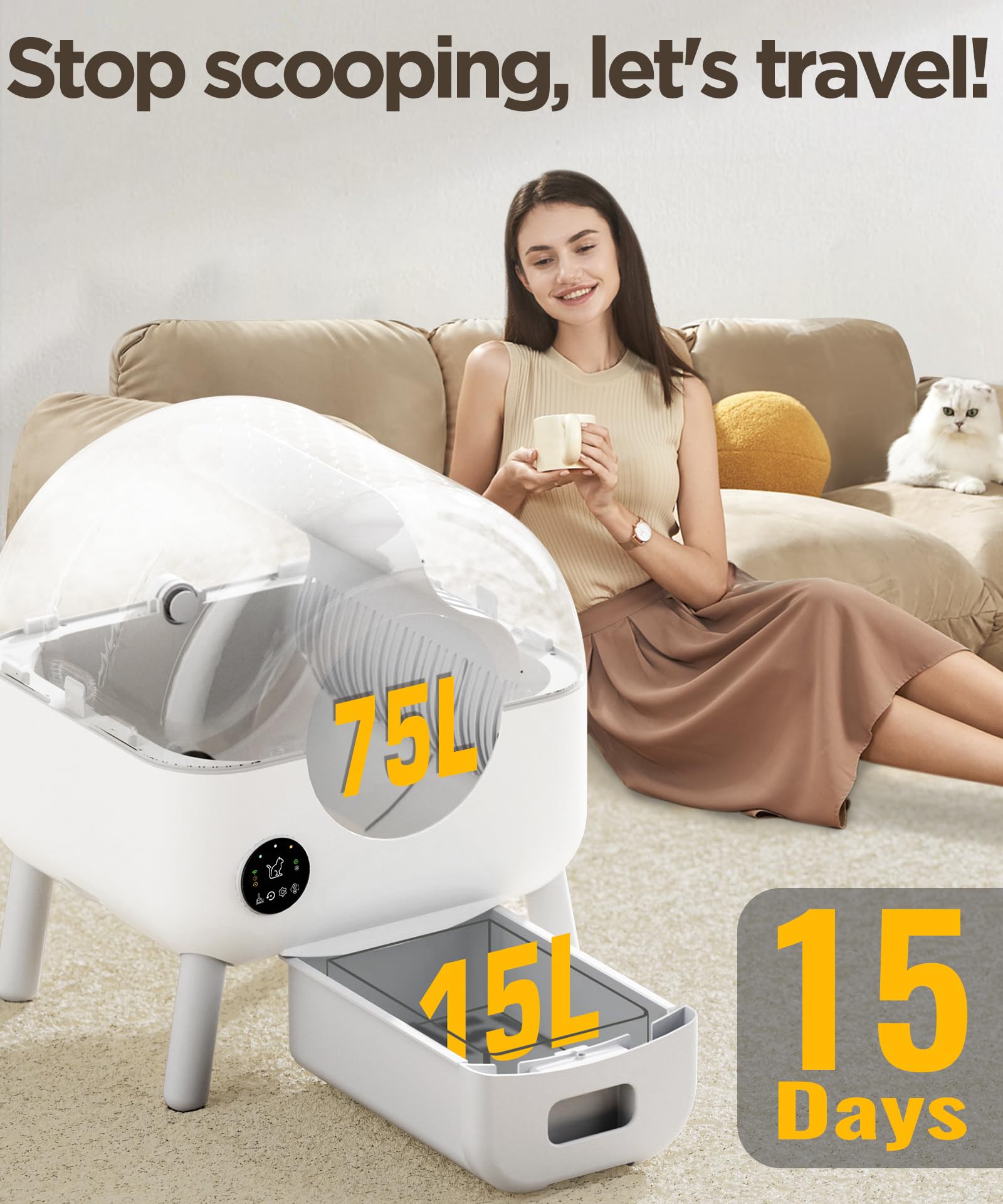 MEEGEEM Self Cleaning Cat Litter Box - 85L Extra Large Automatic Cat Litter Box Self Cleaning for Multiple Cats, Anti-Pinch/Odor-Removal Design, All Litter Can Use, with Garbage Bags/Mats0223